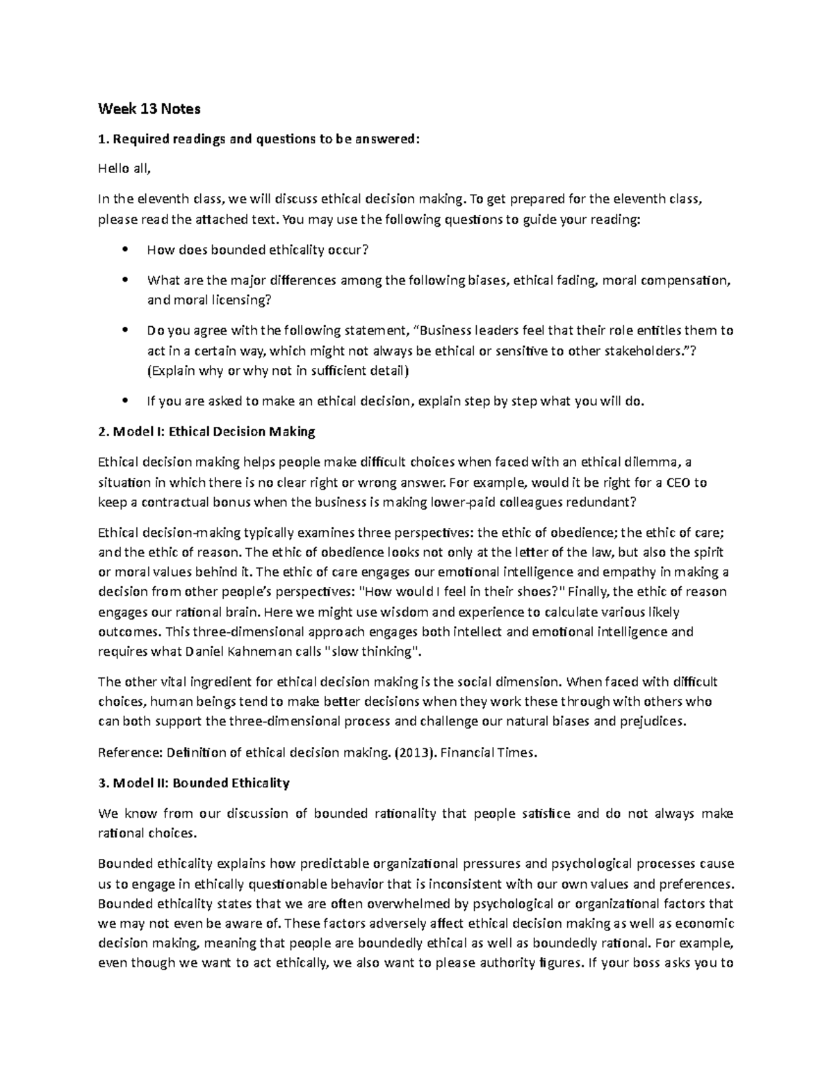 Week 13 Notes - Week 13 Notes 1. Required readings and questions to be ...