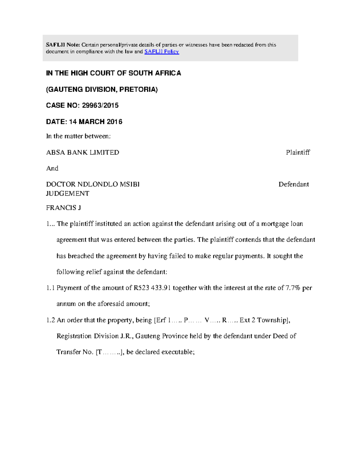 342 - Court Case - SAFLII Note: document in compliance with the law and ...