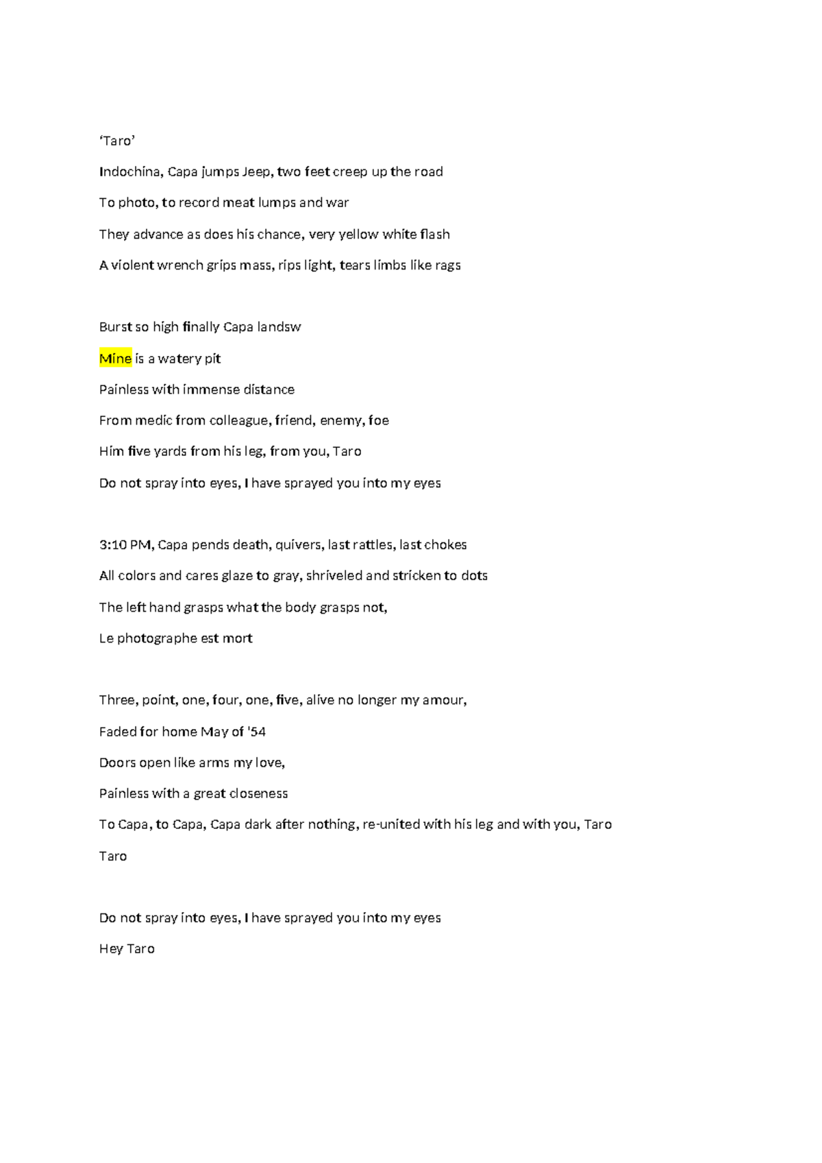 Taro - Taro poem - ‘Taro’ Indochina, Capa jumps Jeep, two feet creep up the road To photo, to ...