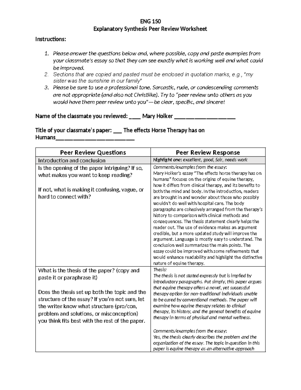 Mary Holker eng150 document explanatory Synthesis Peer Review Worksheet ...