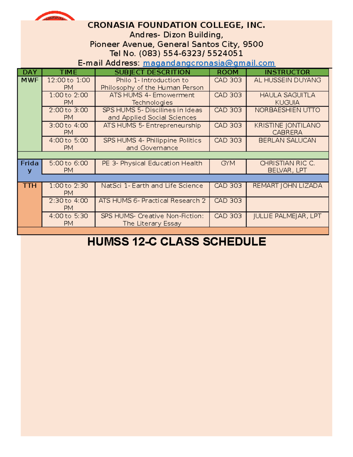 12C Subjects - DASDASD - CRONASIA FOUNDATION COLLEGE, INC. Andres ...
