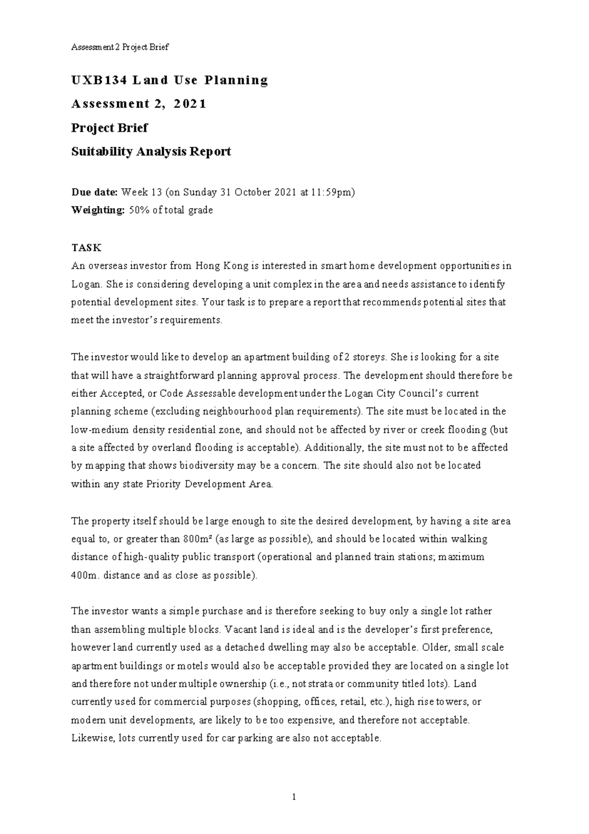 Assignment 2 Project Brief - UXB134 Land Use P l a n n i n g Assessment 2, 2021 Project Brief ...