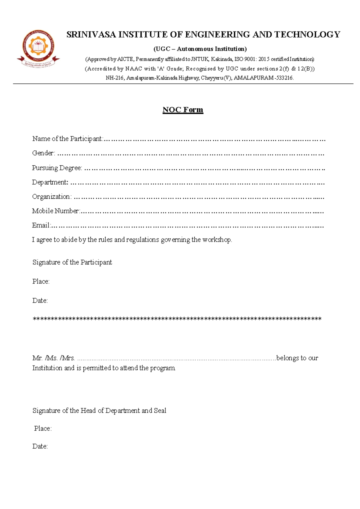 NOC - Students applying for NPTEL can have this NOC - SRINIVASA INSTITUTE OF ENGINEERING AND ...