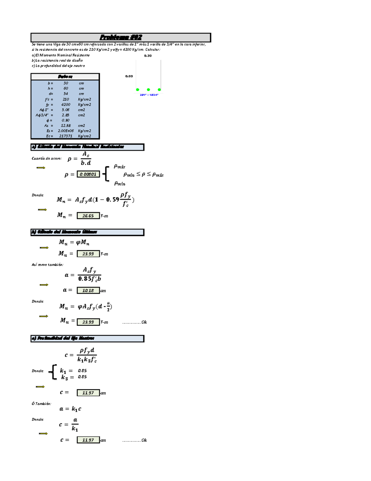 Prob3 CAI Flex Simp - Problema de flexión simple - b = 30 cm h = 60 cm d= 54 cm f'c = 210 Kg/cm ...