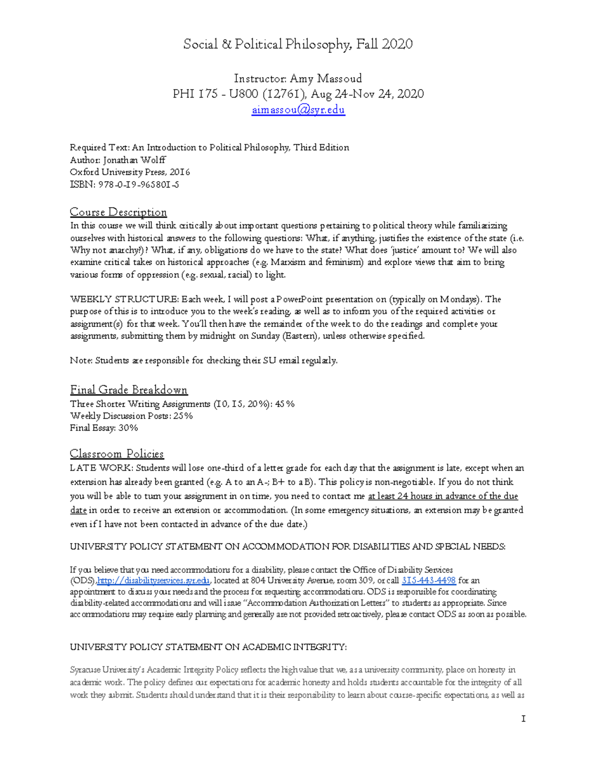 Syllabus 2020 - Social & Political Philosophy, Fall 2020 1 Instructor ...