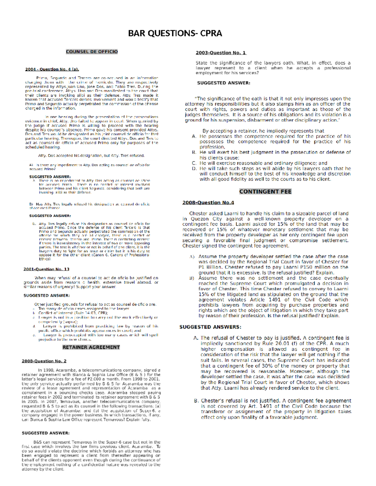 Reviewer CPRA - Short Notes - BAR CPRA COUNSEL DE OFFICIO No. 1 State ...