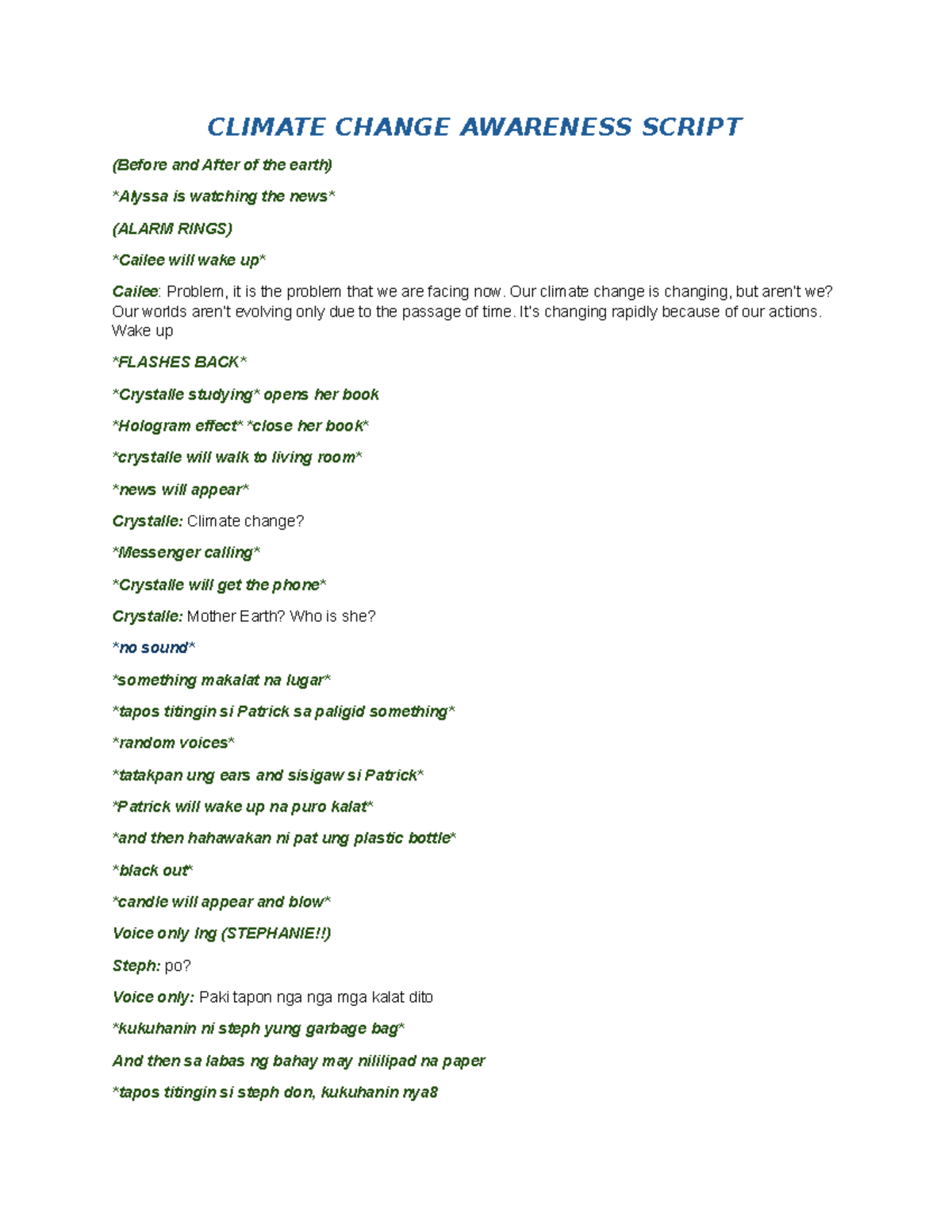 Awareness- Script - CLIMATE CHANGE AWARENESS SCRIPT (Before and After ...