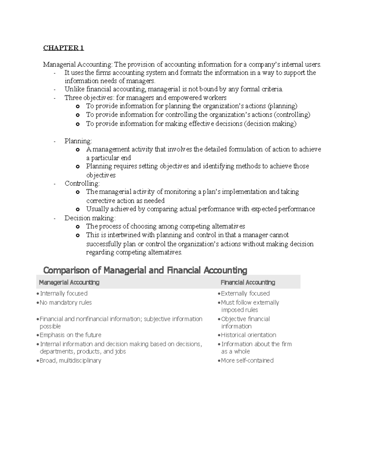 Managerial Accounting Notes - CHAPTER 1 Managerial Accounting: The ...