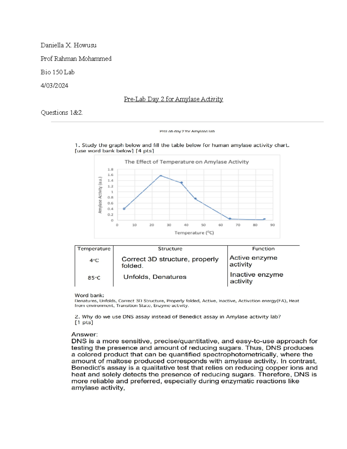 Amylase Pre-Lab 2 - Bio 150 - Daniella X. Howusu Prof Rahman Mohammed ...