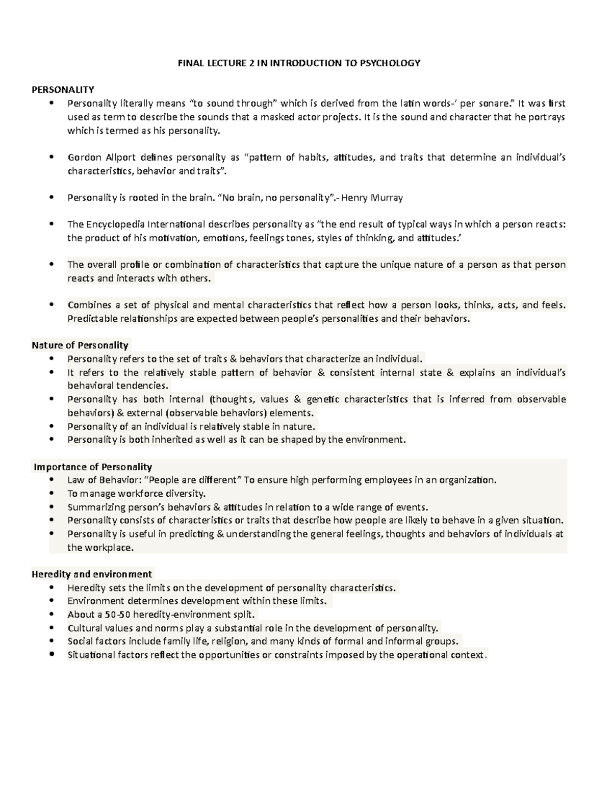 Intro to psych - Personality - BS Psychology - Studocu