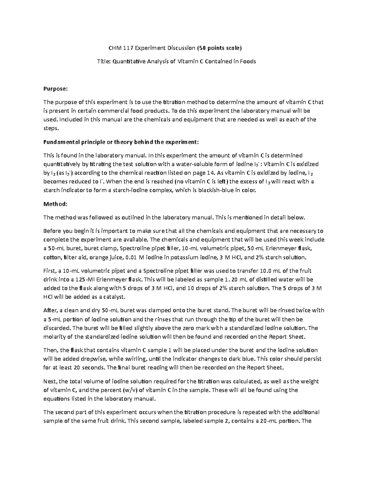 CHM 117 - Lab 2 Spring 2018 - CHM 117 Experiment Discussion (50 points ...