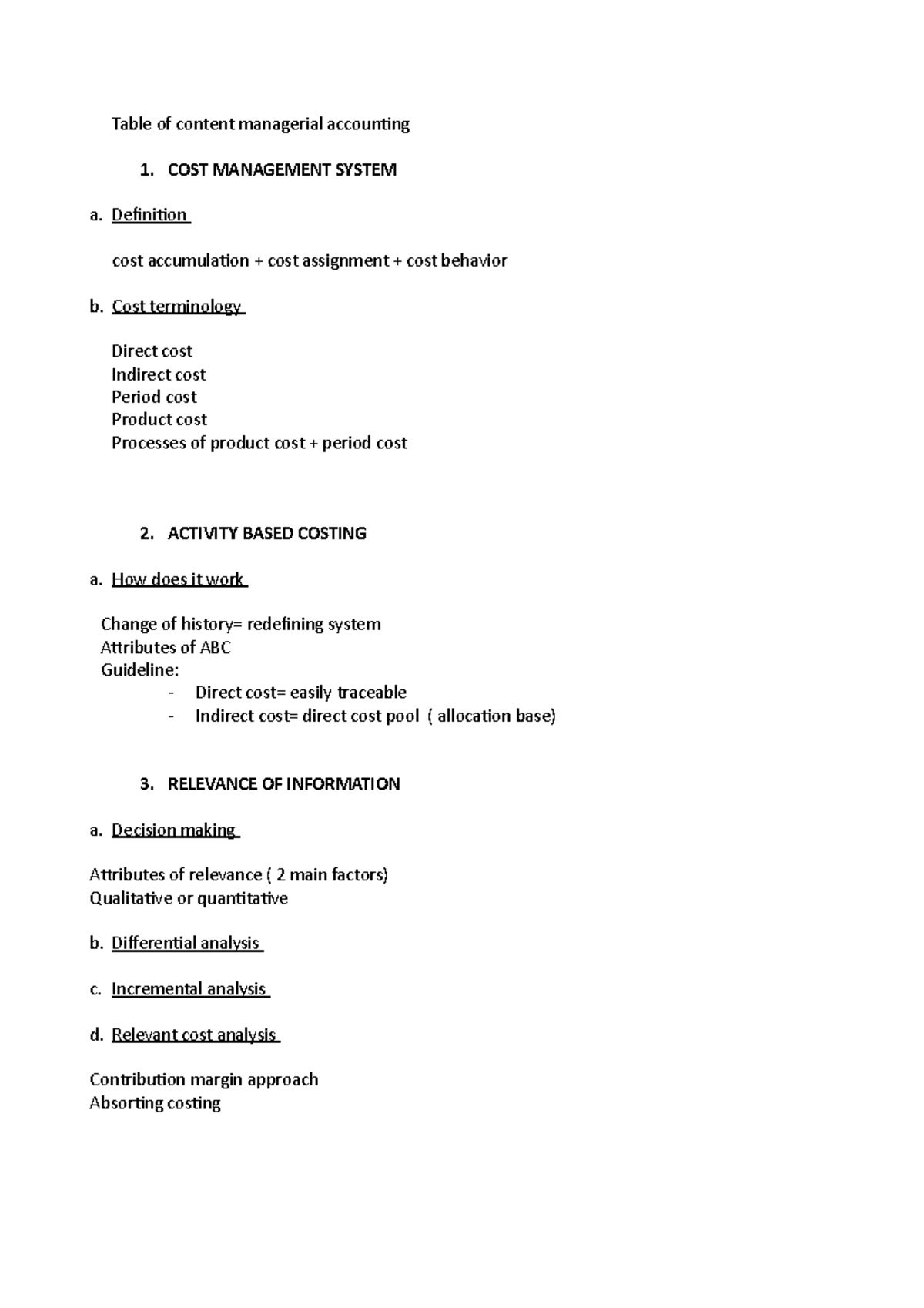 Cheat sheet final - Table of content managerial accounting 1. COST ...