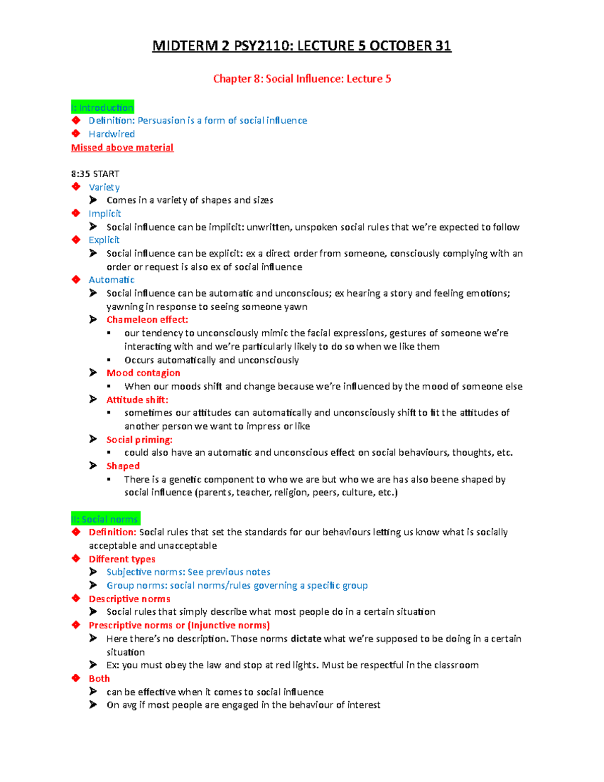Chapter 8 PSY2110 - Chapter 8: Social Influence: Lecture 5 I: Introduction Definition ...