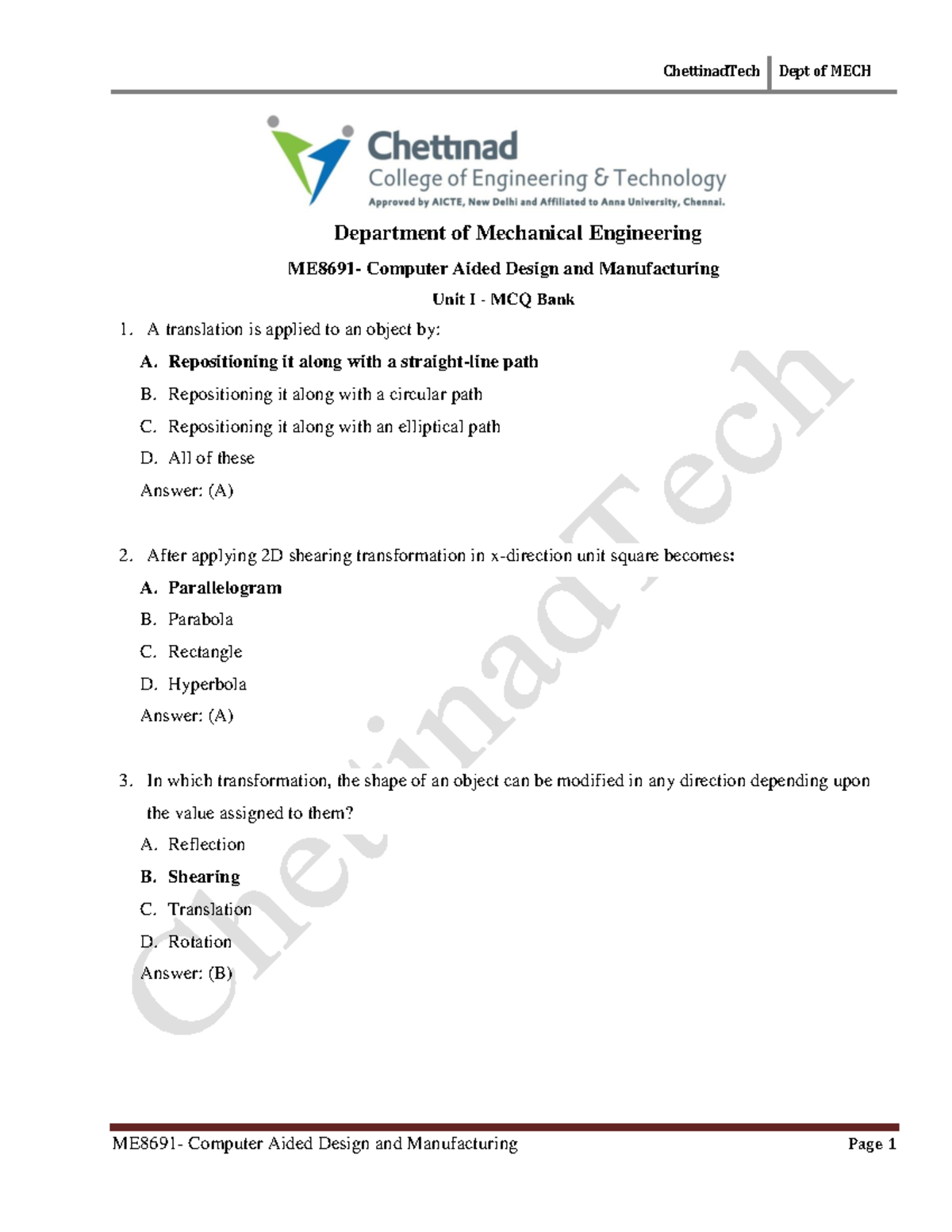 ME8691 CADM unit1 - Department of Mechanical Engineering ME8691- Computer Aided Design and - Studocu