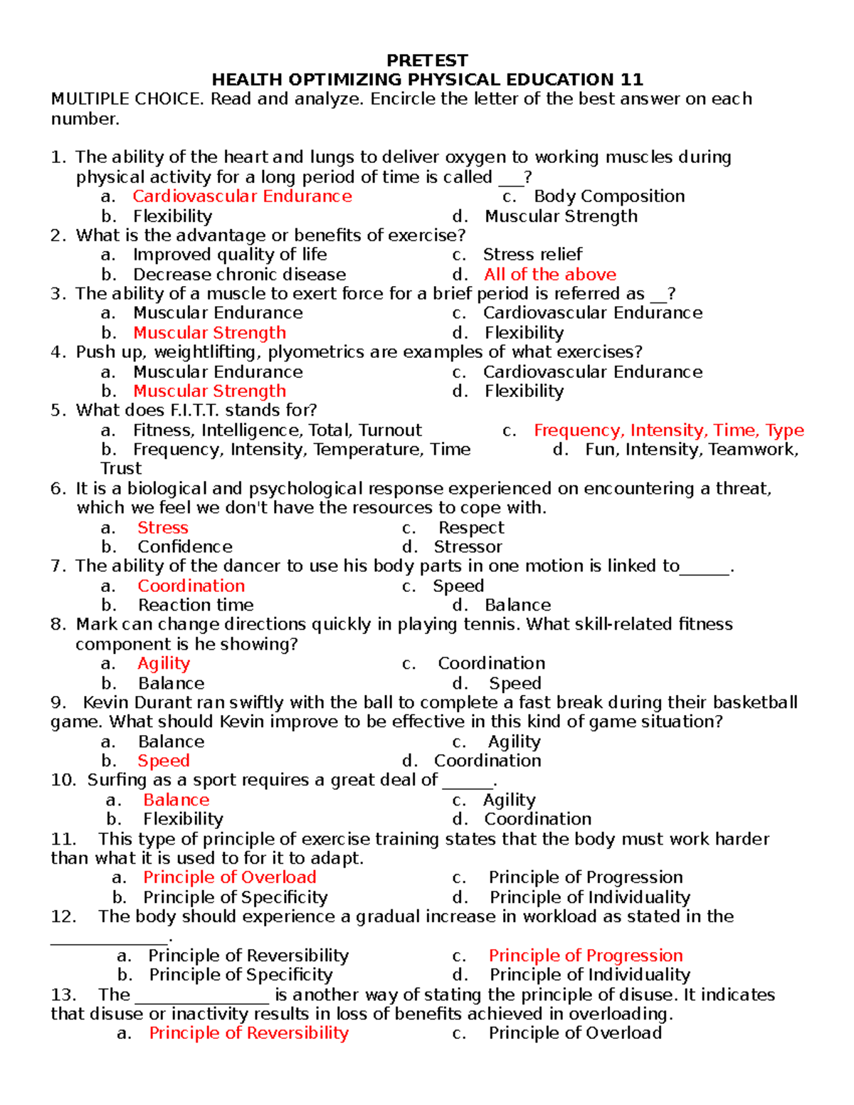 Pretest HOPE 11 - PRETEST HEALTH OPTIMIZING PHYSICAL EDUCATION 11 ...