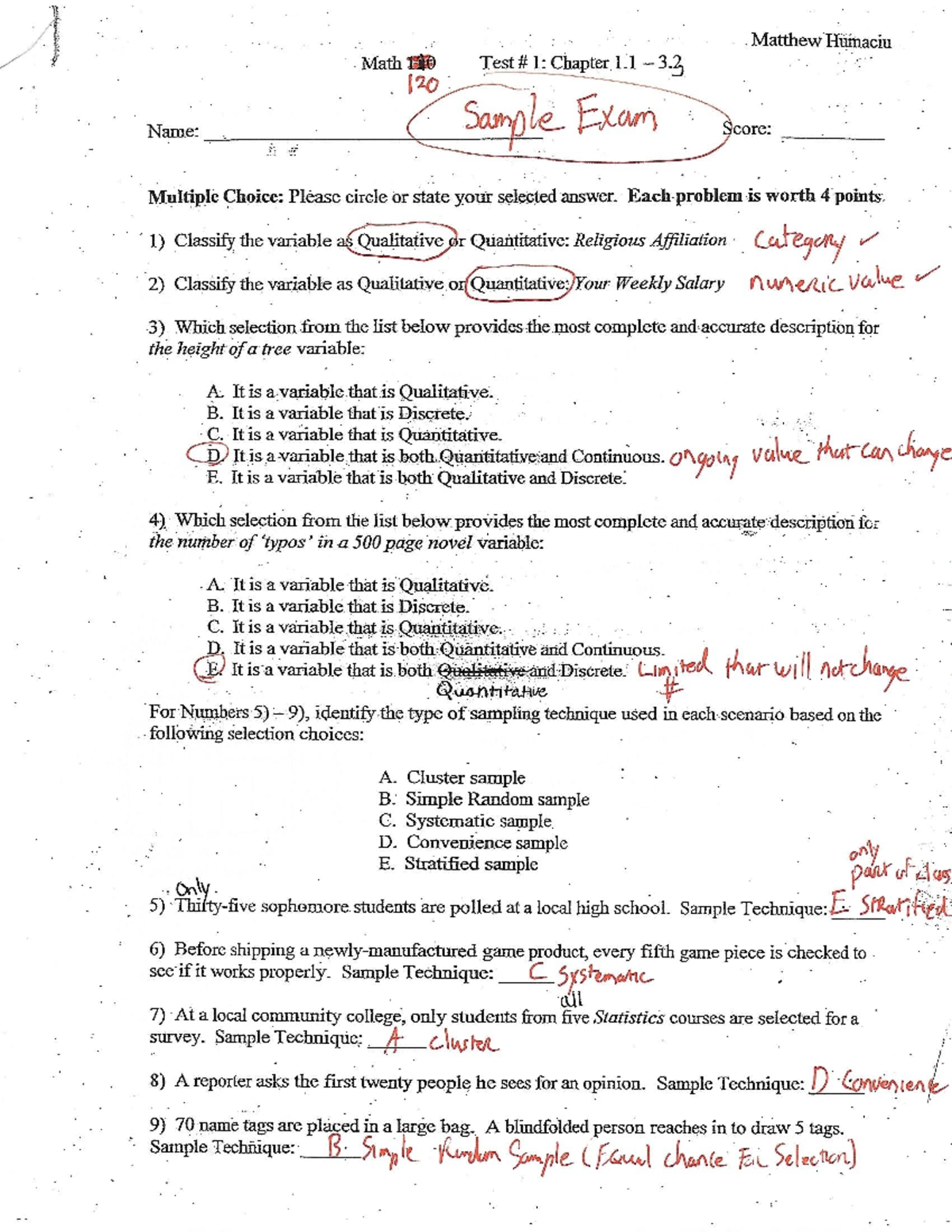 Sample Test 1 Solutions - MATH 110 - Studocu