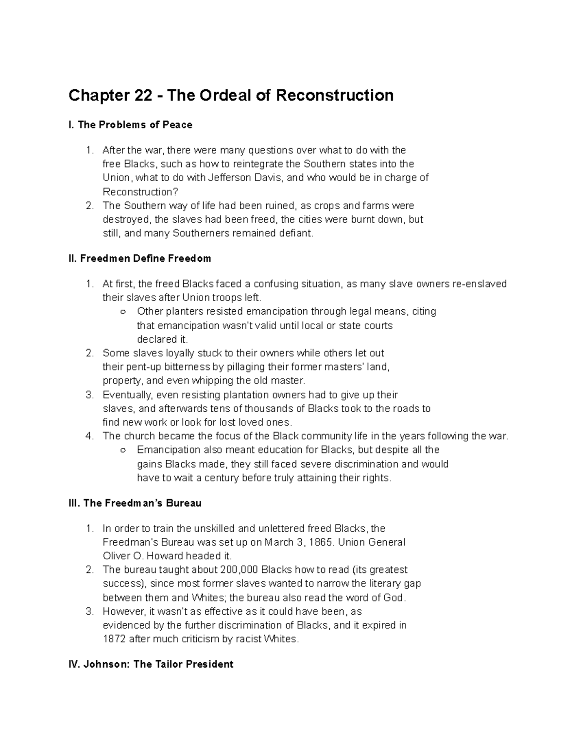 APUSH Chapter 22 - Chapter 22 - The Ordeal of Reconstruction I. The ...