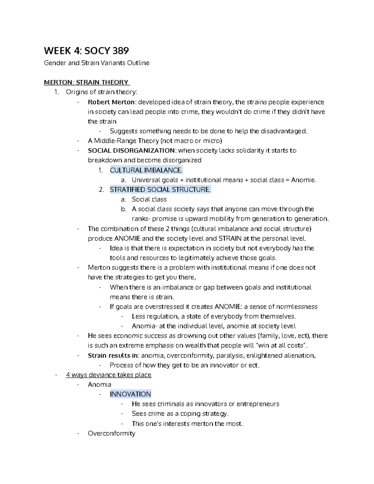 Socy 389 Week 4 Lecture Reading Notes Week 4 Socy 389 Gender And Strain Variants Outline