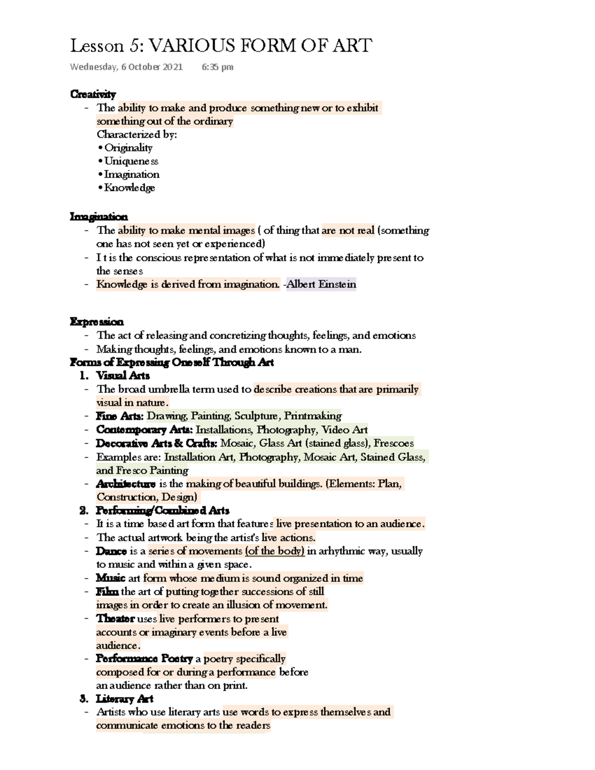 Various Form of Art - Art Appreciation - Visual Arts - PangSU - Studocu