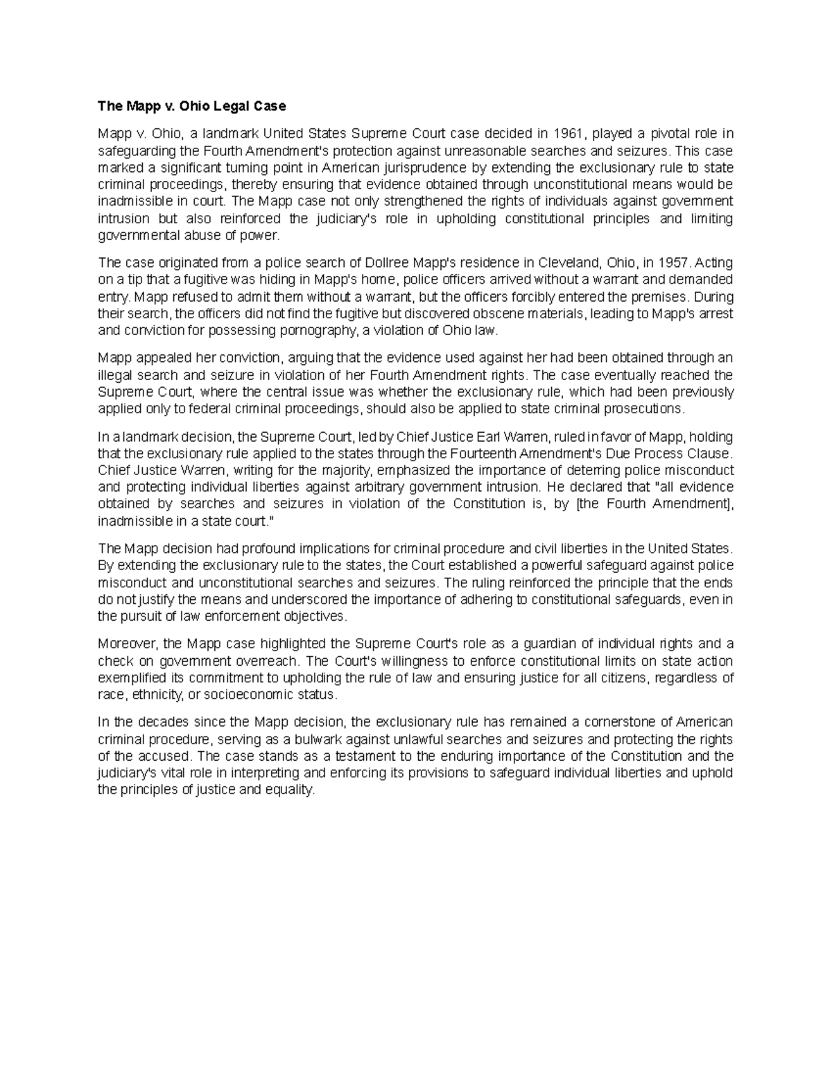 The Mapp v. Ohio Legal Case - The Mapp v. Ohio Legal Case Mapp v. Ohio ...