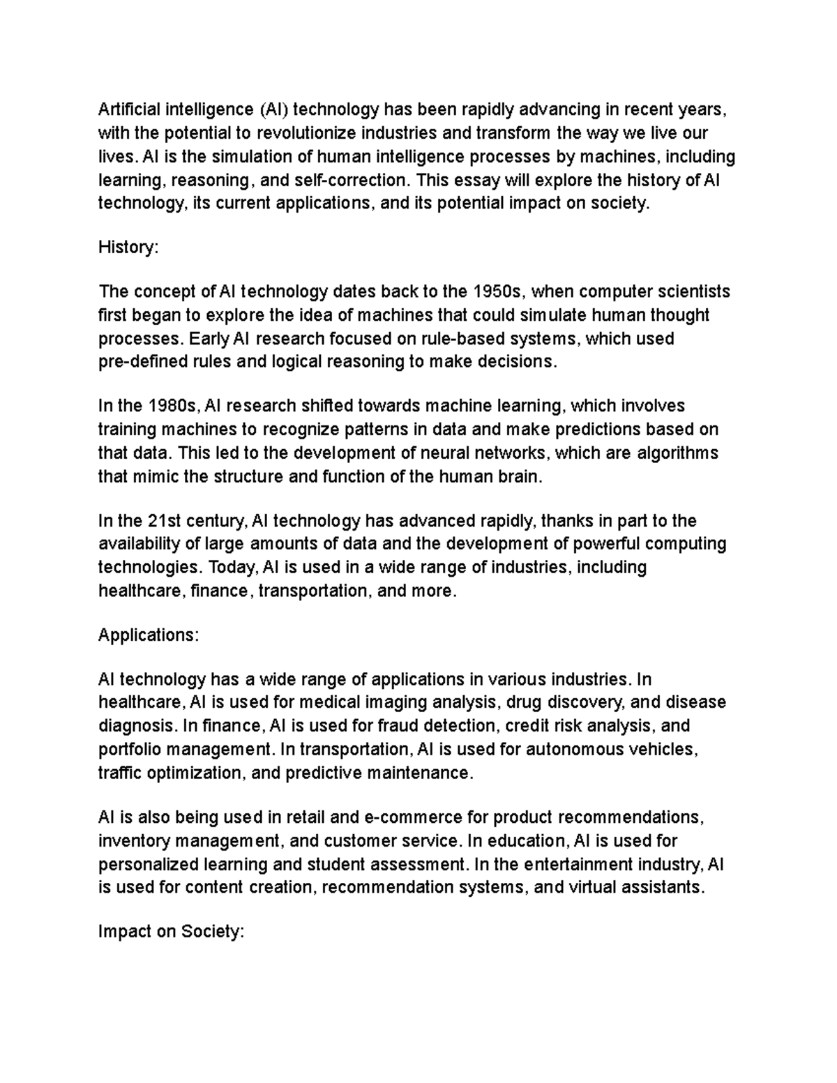 Studoc - Essay - Artificial intelligence (AI) technology has been ...