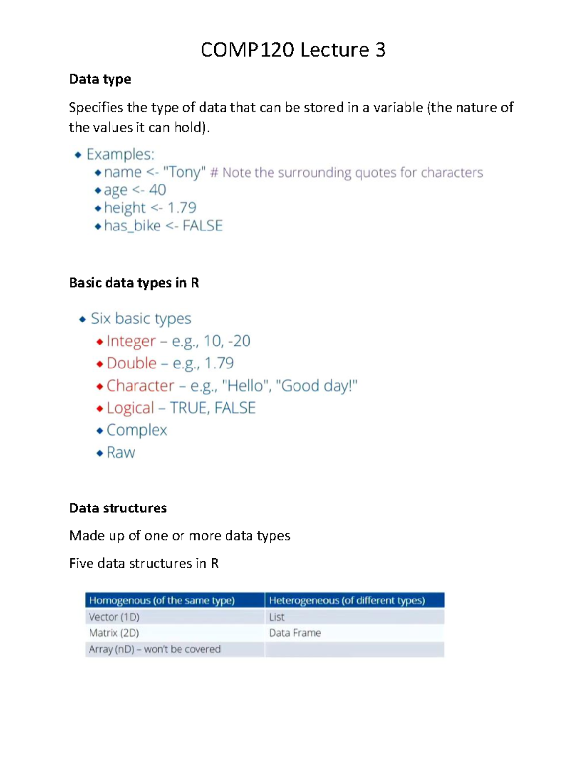 Lecture 3 - Data structures - Data type Specifies the type of data that ...