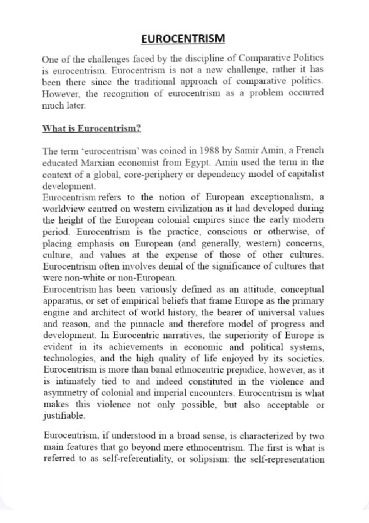 Euro centricism - Hope it helps. - B.A (Hons.) Political Science - Studocu