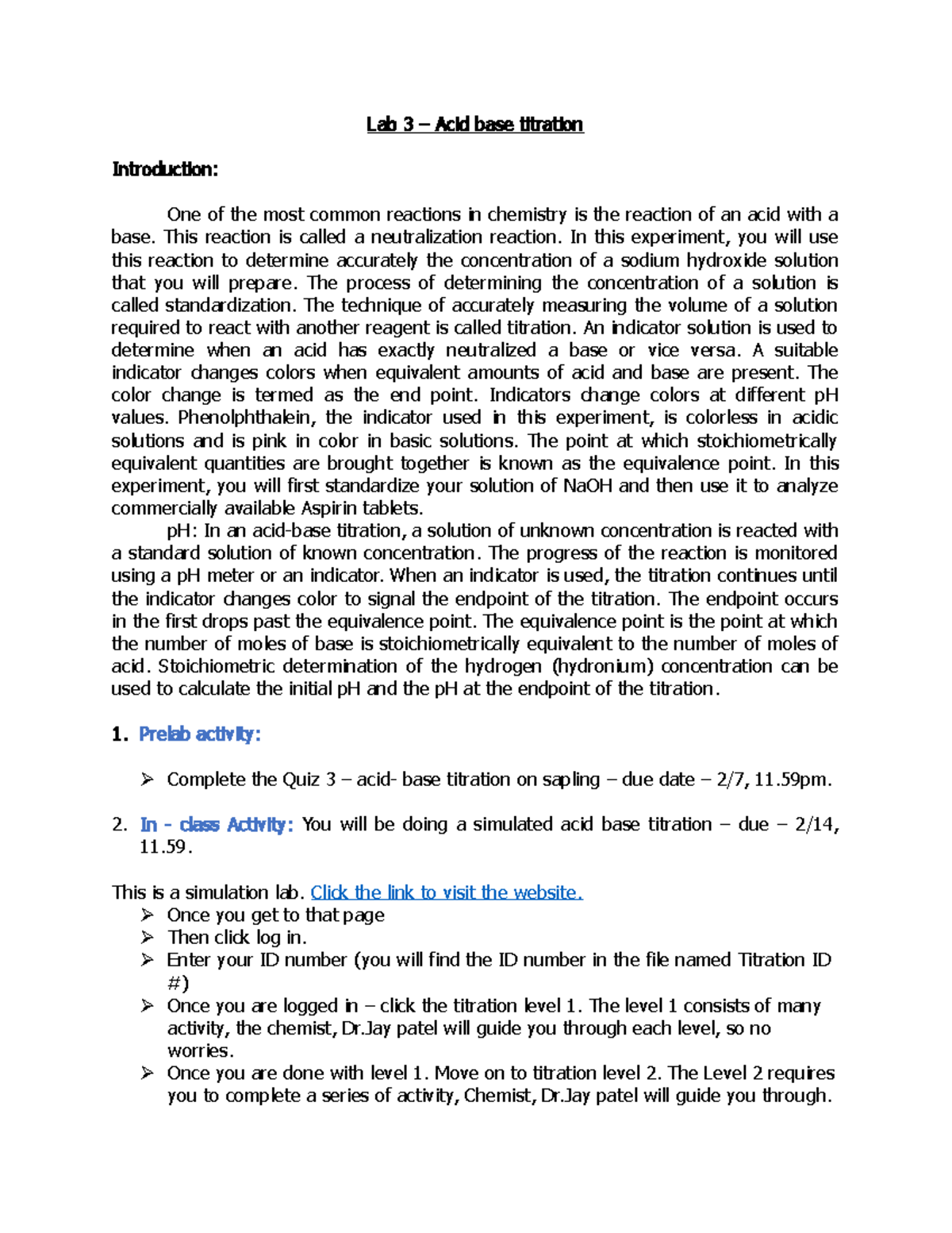 CHEM112 Lab- Acid Base Titration (lab3) - Lab 3 – Ac id bas e titrat ...