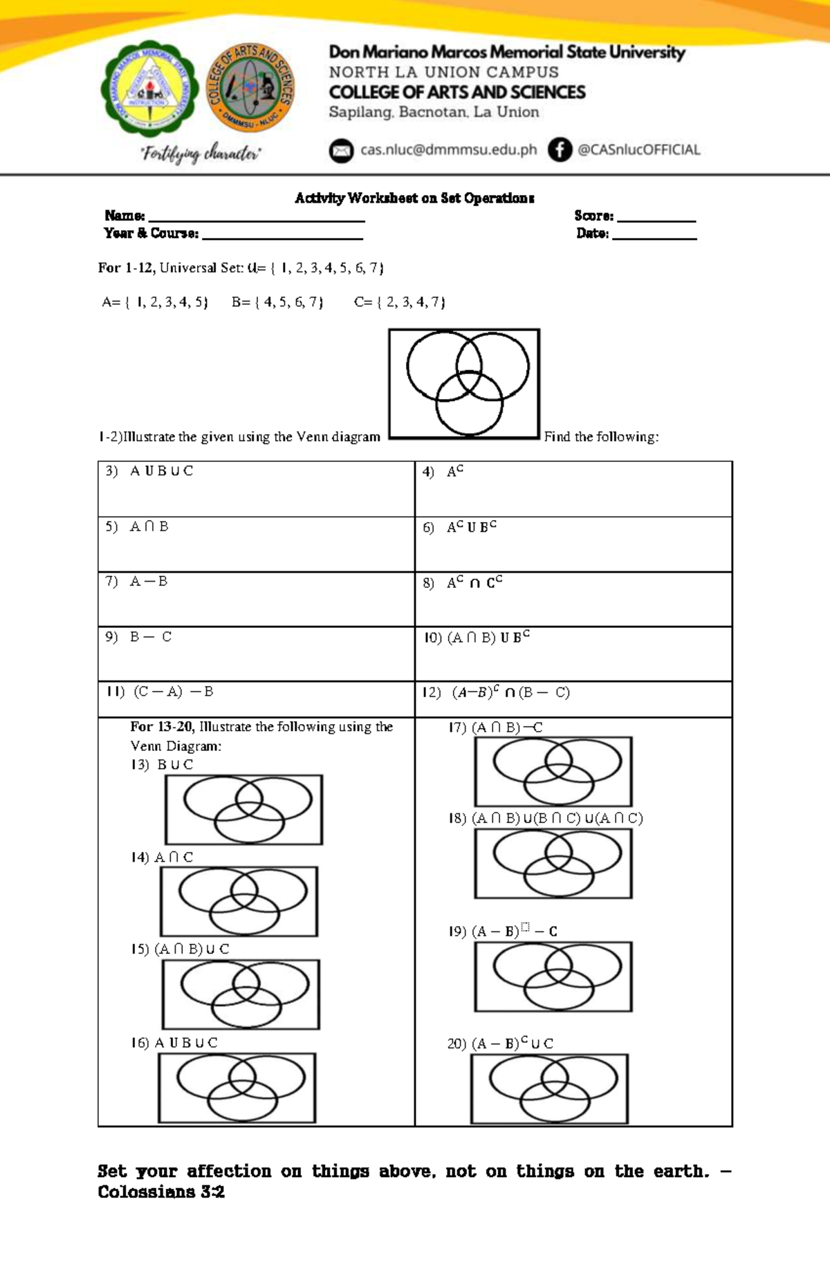 Activity Worksheet Set Operations - Set your affection on things above ...