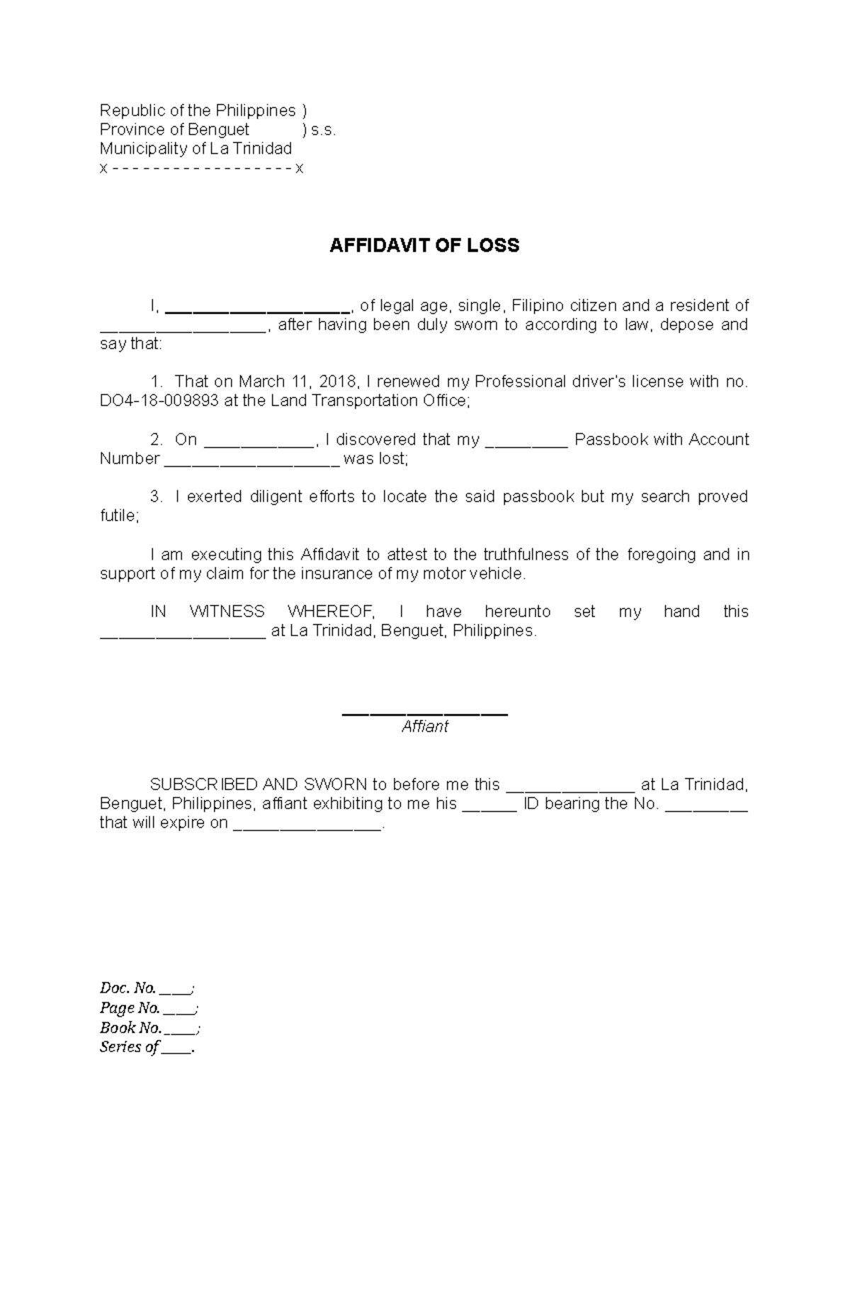 Affidavit of Loss - Legal writing - Republic of the Philippines ...