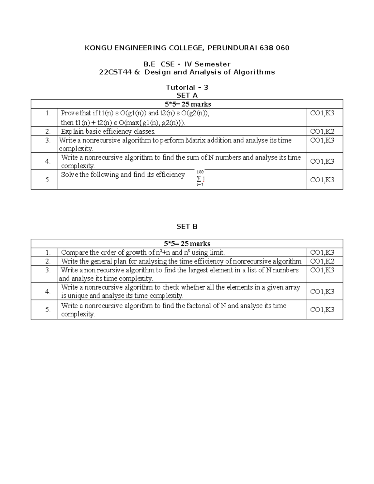 DAA Tutorial 3 - Nsnsnnan - KONGU ENGINEERING COLLEGE, PERUNDURAI 638 ...