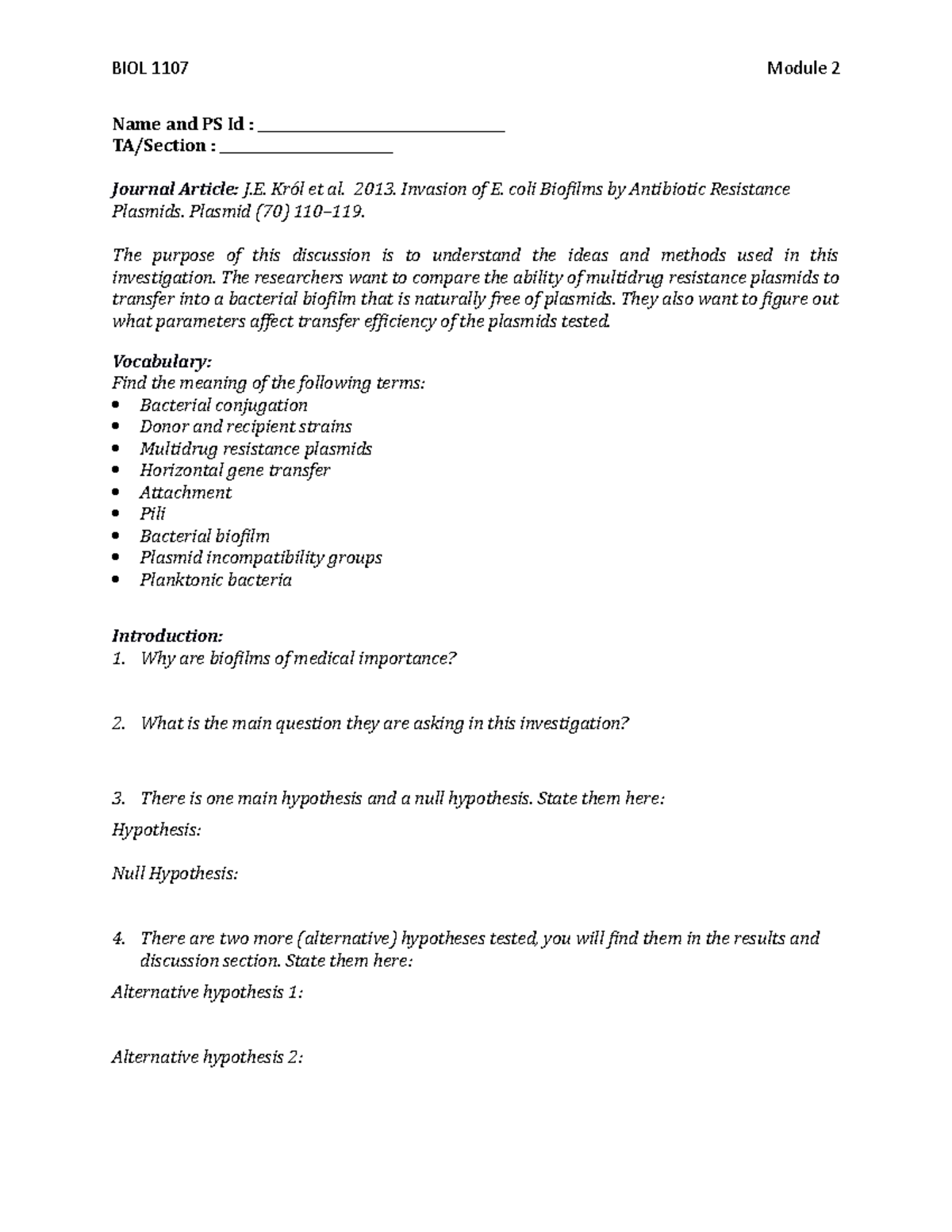 Mod2 Article Reflection Questions - BIOL 1107 Module 2 Name and PS Id ...