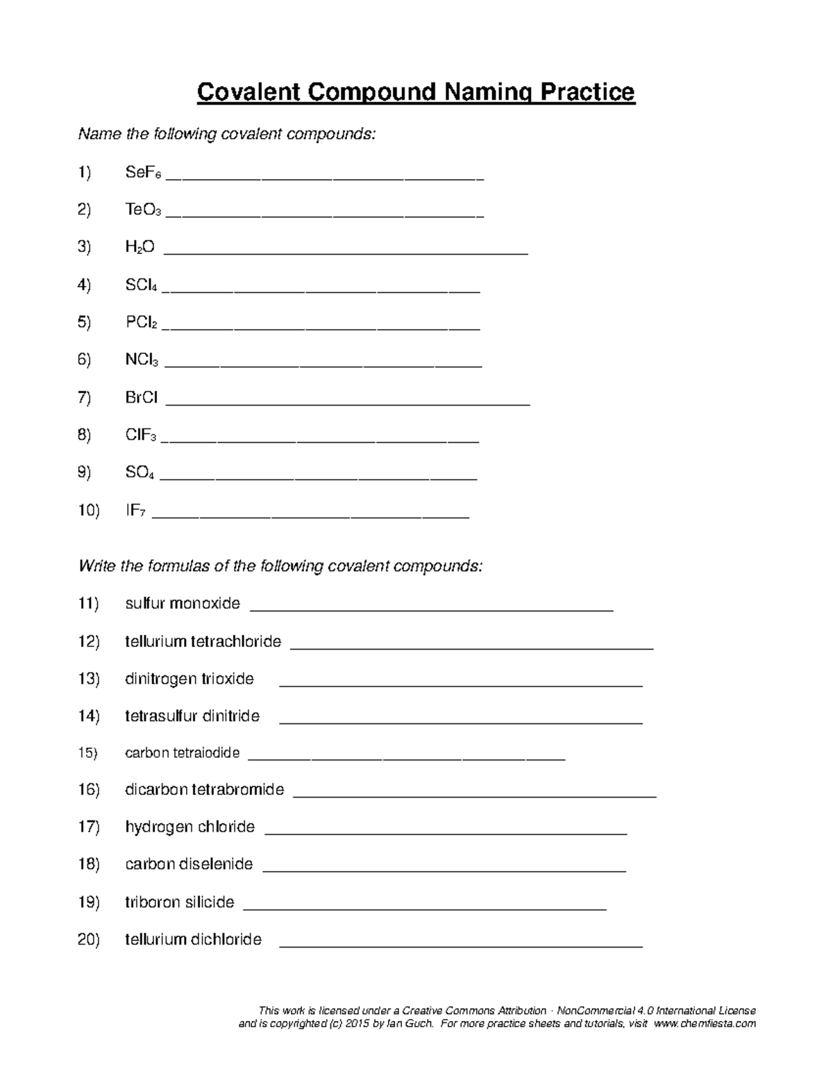 Covalent Compound Naming Practice And Is Copyrighted c 2015 By Ian