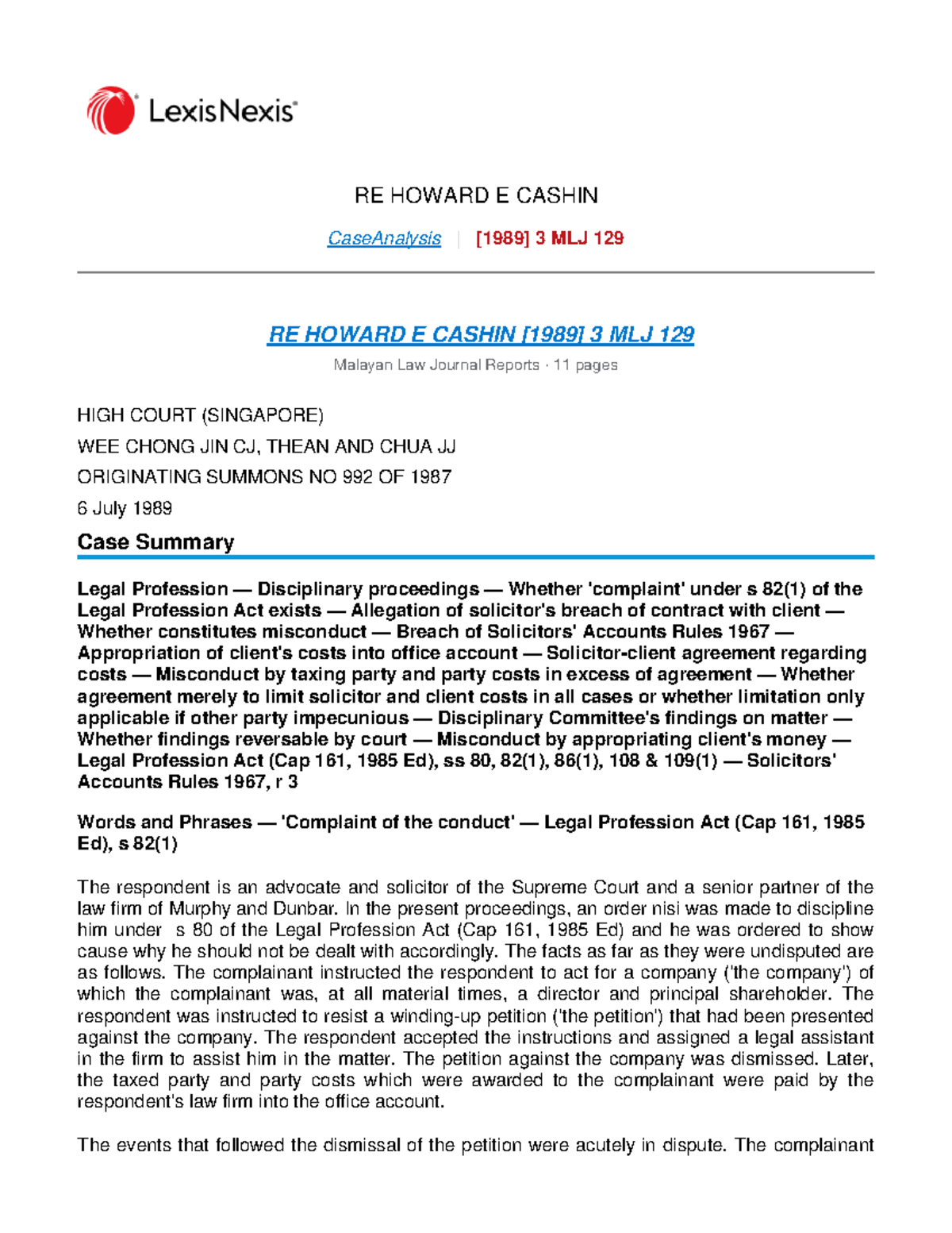 RE Howard E Cashin, [1989] 3 MLJ 129 - RE HOWARD E CASHIN CaseAnalysis ...