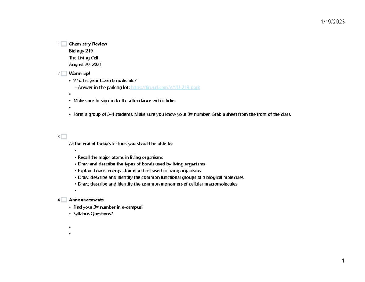 Chemistry Review - Chemistry Review Biology 219 The Living Cell August ...