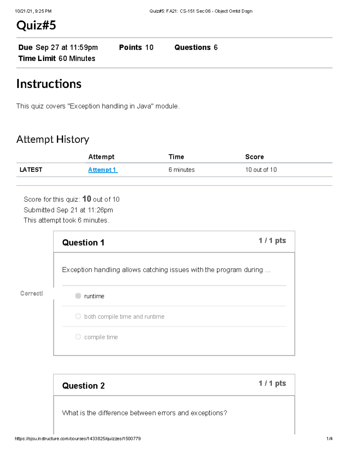 Quiz#5 FA21 CS-151 Sec 06 - Object Orntd Dsgn - Quiz# Due Sep 27 at 11 ...