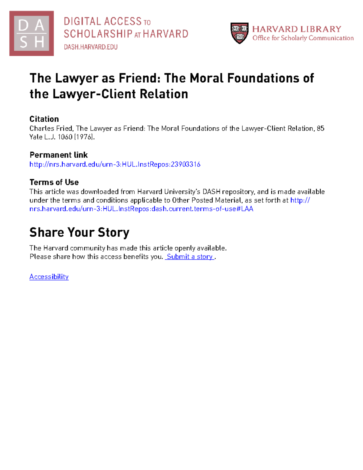 Fried article - The Lawyer as Friend: The Moral Foundations of the ...