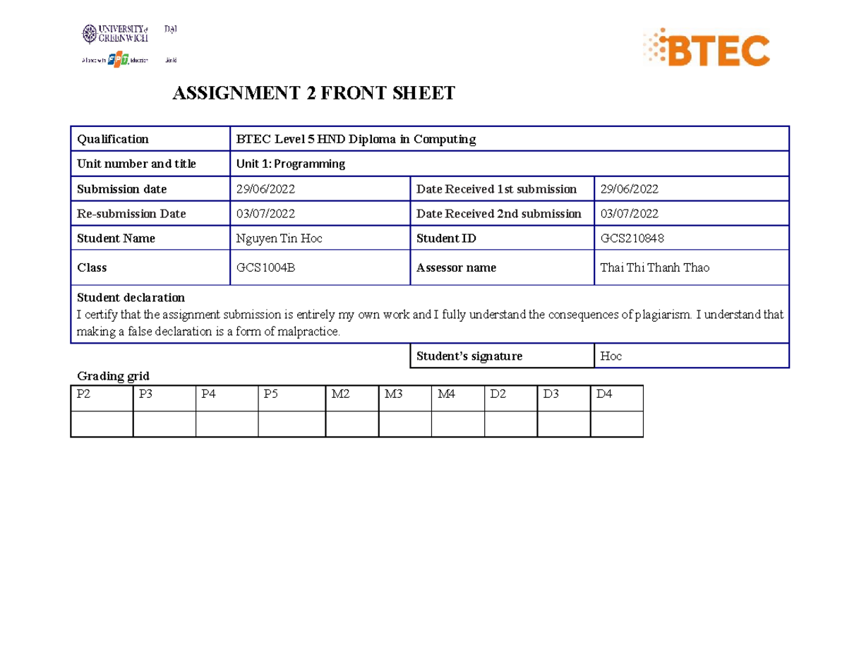 Nguyen Tin Hoc GCS210848 Assignment 2 frontsheet - ASSIGNMENT 2 FRONT SHEET Qualification BTEC ...