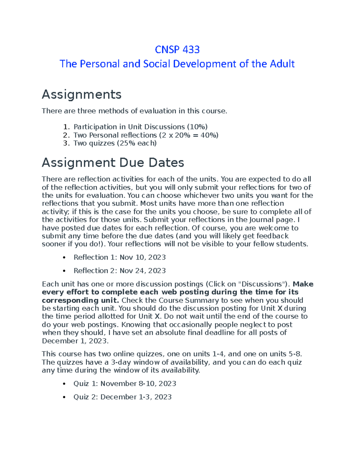 CNSP 433 Syllabus - CNSP 433 The Personal and Social Development of the Adult Assignments There ...