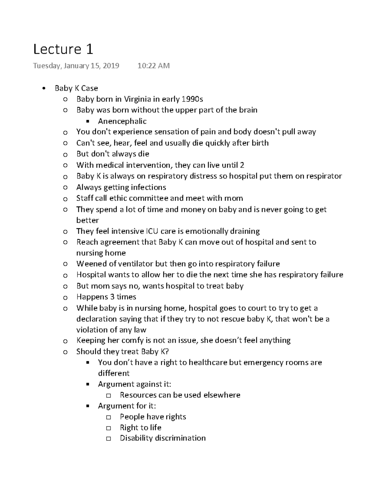 Lecture 1 - Baby K Case Baby born in Virginia in early 1990s Baby was ...