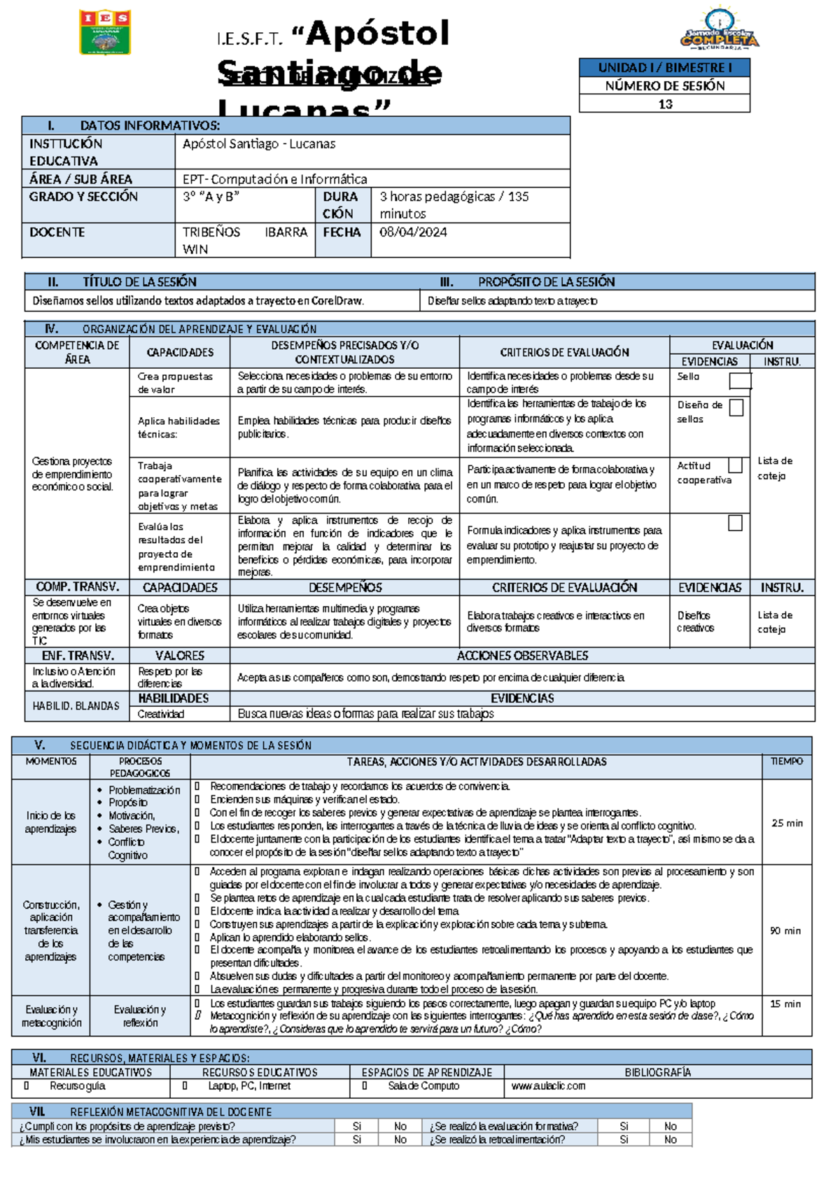 Esquema sesion de aprendizaje EPT - I.E.S.F. “Apóstol Santiago de Lucanas” SESIÓN DE APRENDIZAJE ...