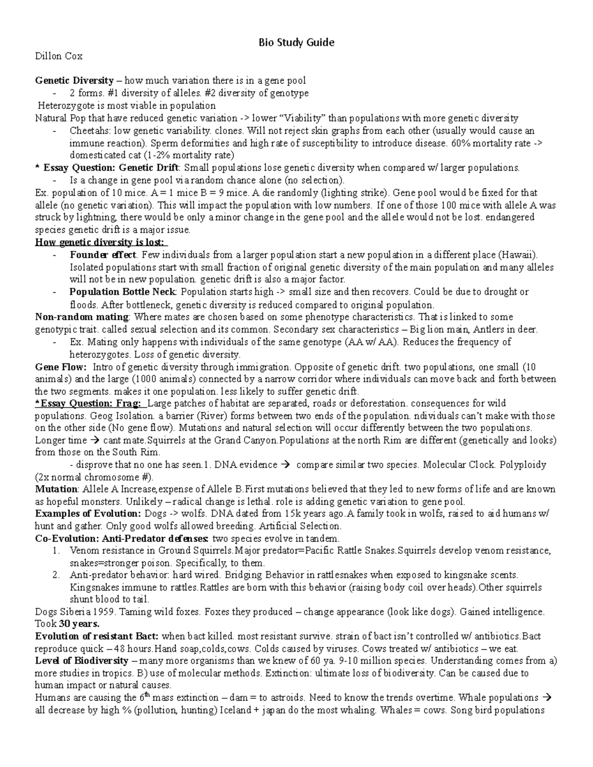 BIO final exam study guide - Bio Study Guide Dillon Cox Genetic ...