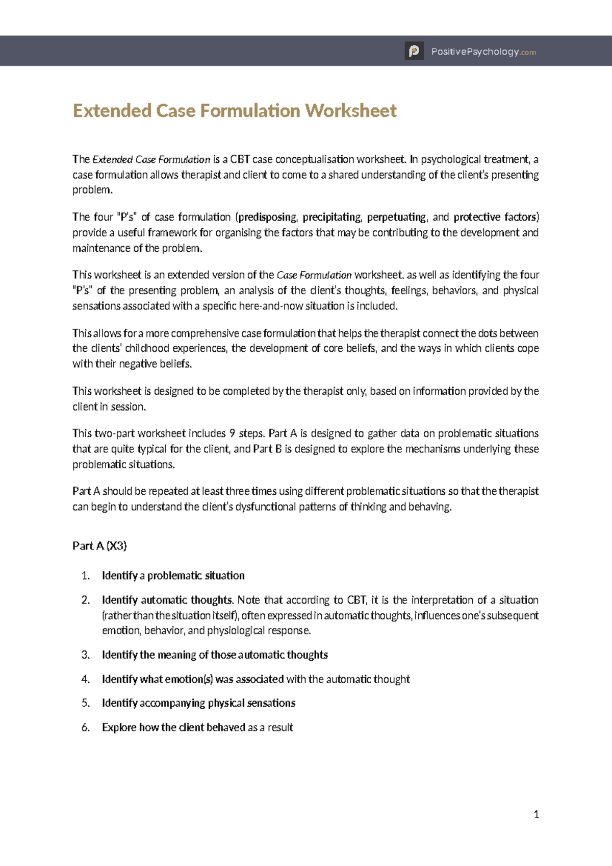 Extended Case Formulation Worksheet - In psychological treatment, a ...
