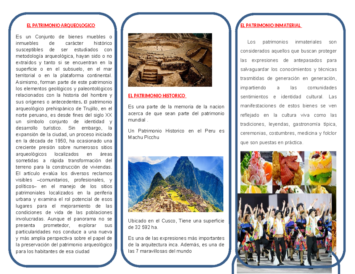 Triptico Cusco 31 - EL PATRIMONIO ARQUEOLOGICO Es un Conjunto de bienes muebles o inmuebles de ...