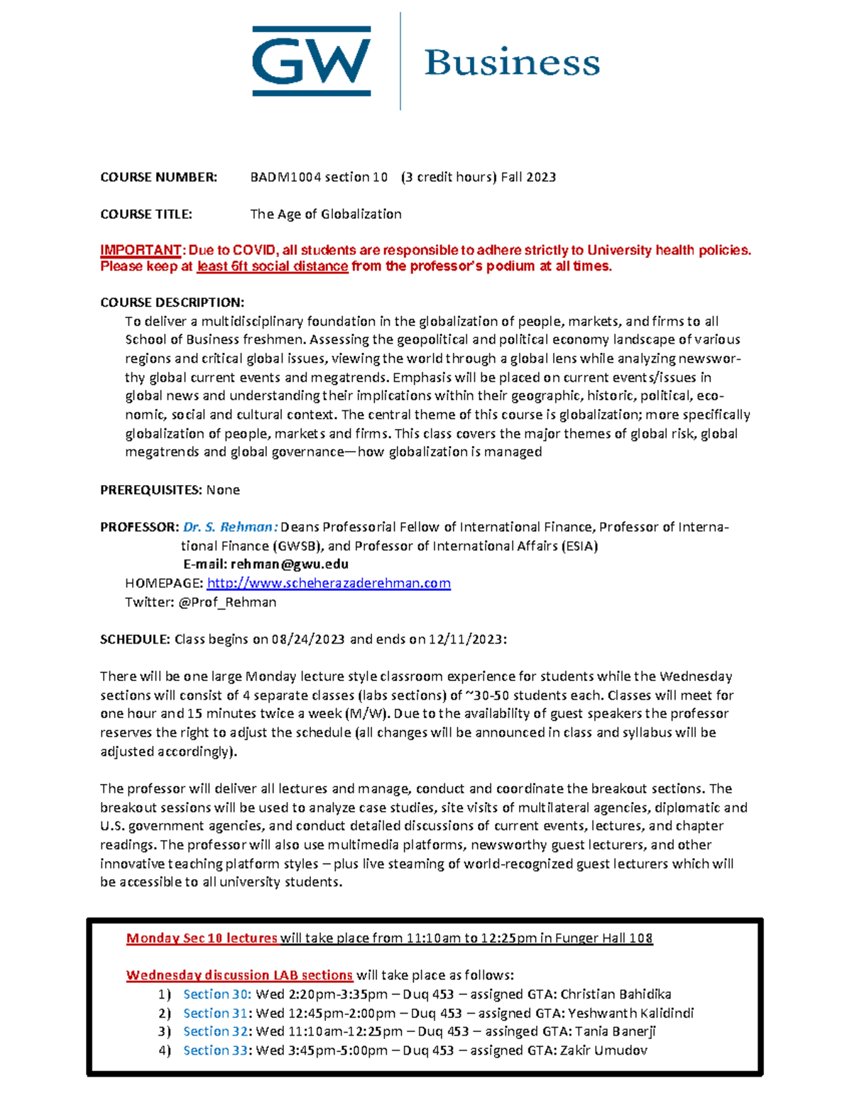 Syllabus 2023-2024 - 1 COURSE NUMBER: BADM1004 section 10 (3 credit ...