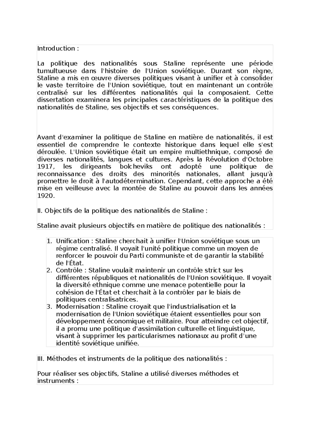 Dissertation Staline - Introduction : La politique des nationalités ...