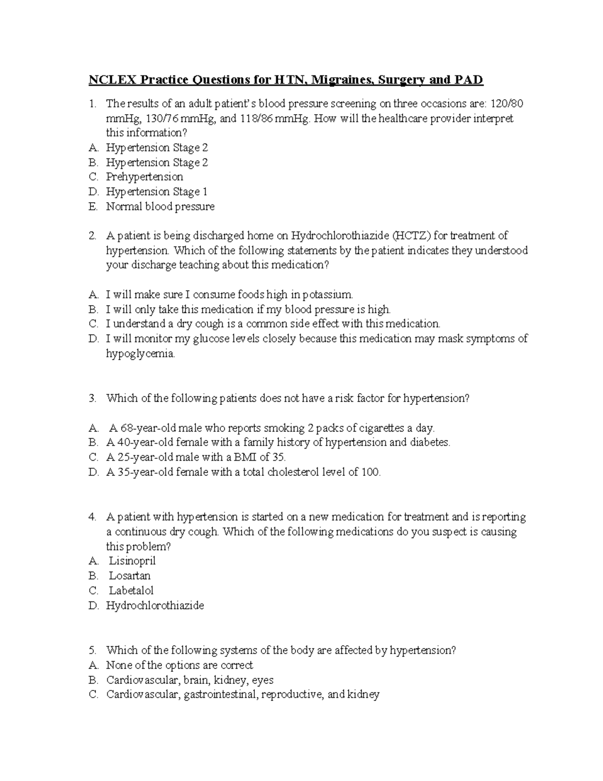 Nclex Practice Questions for HTN - NCLEX Practice Questions for HTN ...
