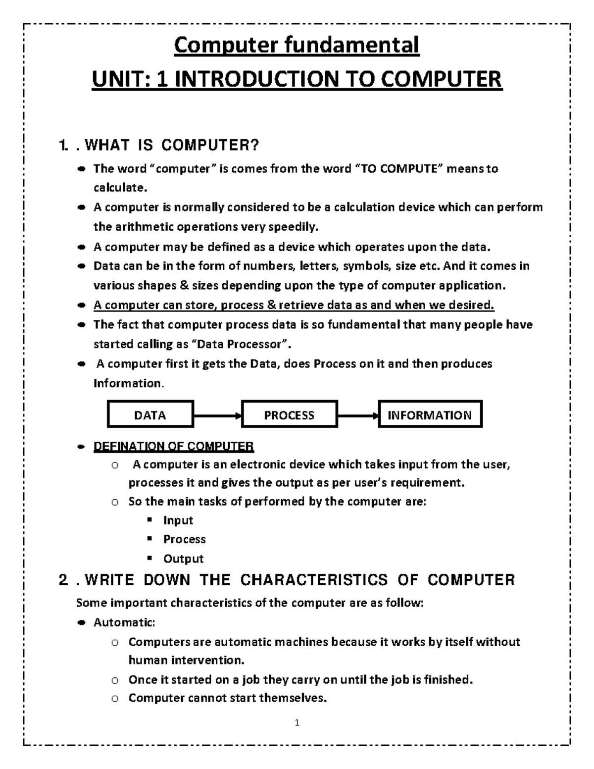 CFA UNIT1 - it's helpful - Computer fundamental UNIT: 1 INTRODUCTION TO ...