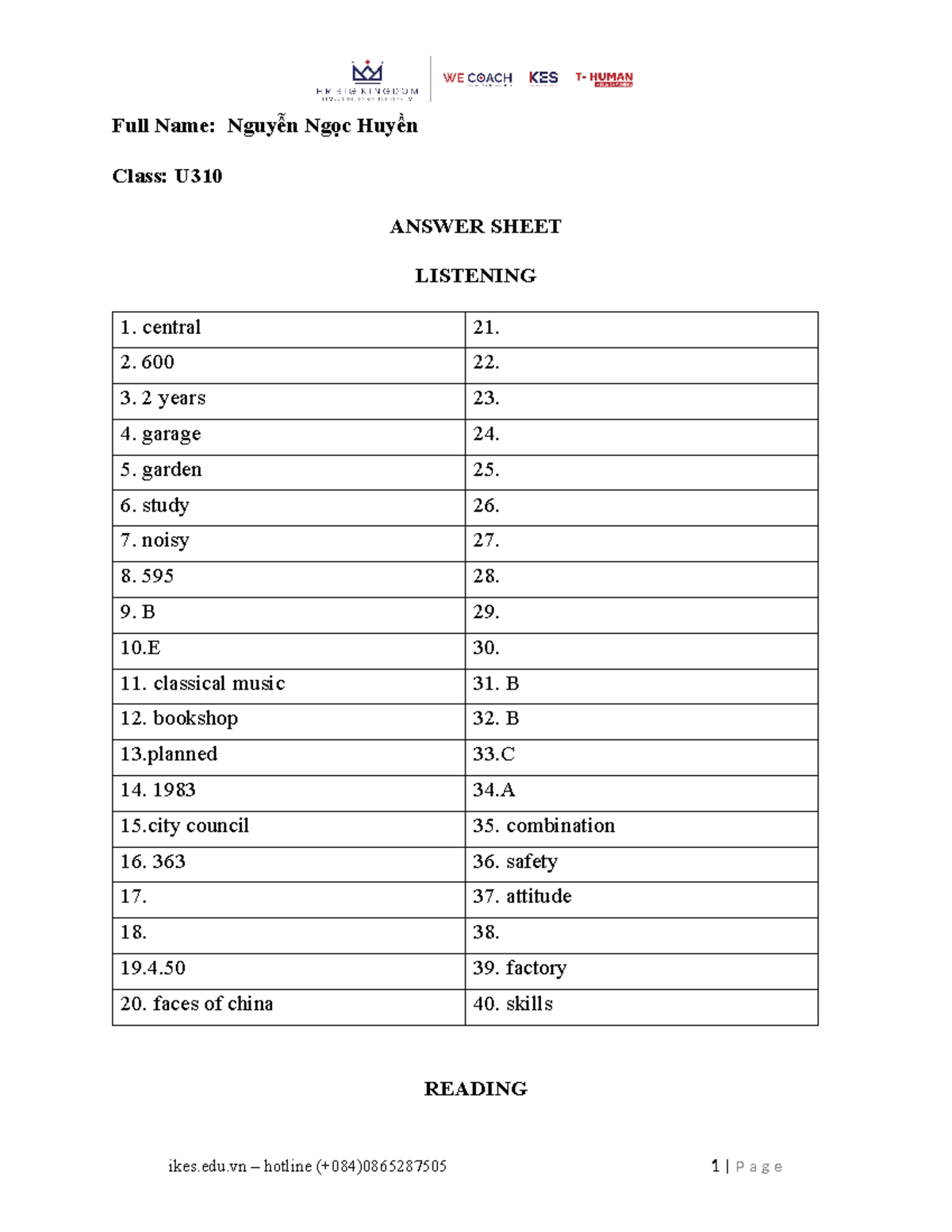 U - mid-course test (LR) (answer sheet) - IELTS Writing - Full Name ...
