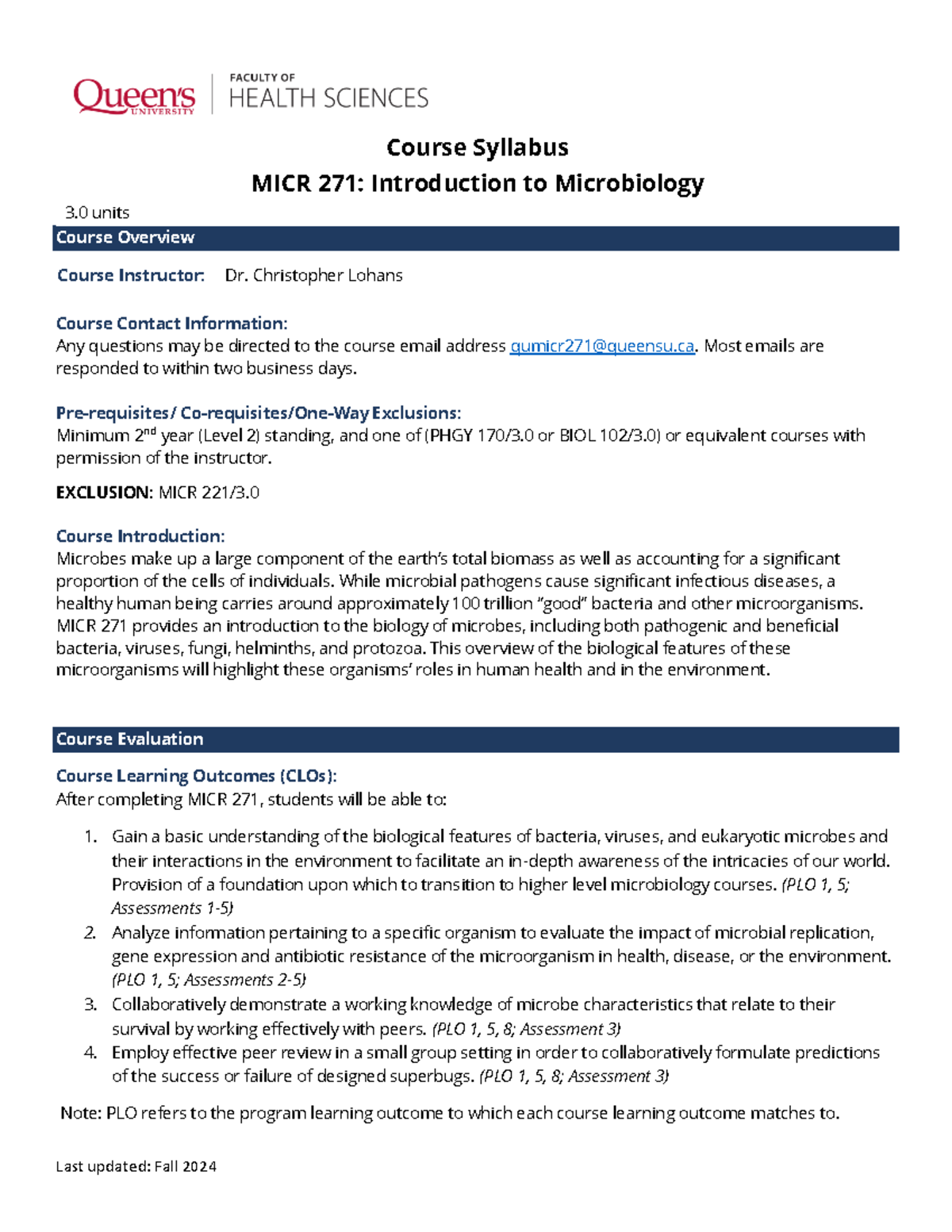 MICR 271 ONL Syllabus F24 - Last updated: Fall 2024 Course Overview ...